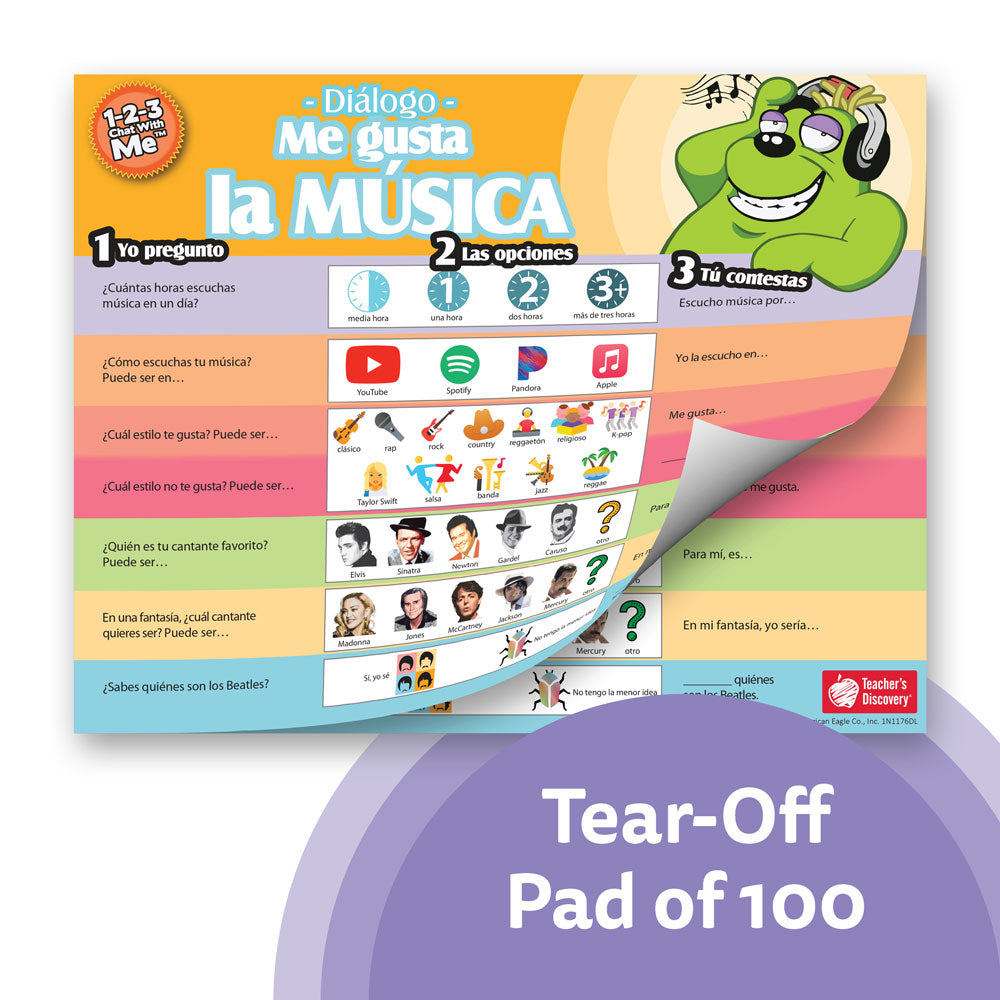 1-2-3 Chat With Me: Me gusta la música Spanish Chat Mat Tear-Off Pad o ...